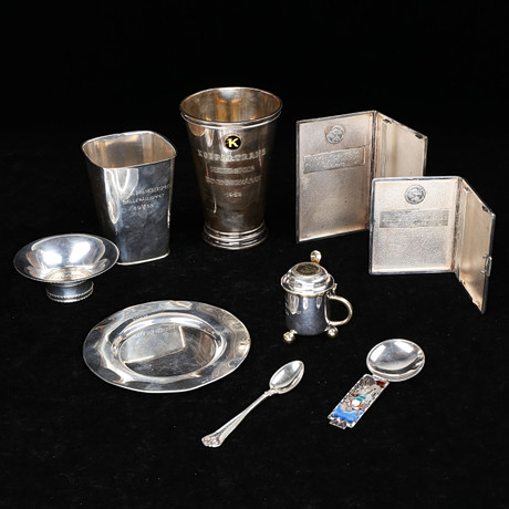 SILVER OBJECTS, 9 pcs., including gas station and rally-related, weight ...