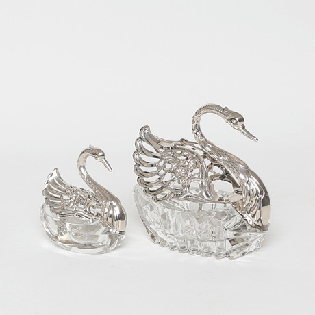SALTKAR/SKÅL, 2st, svanar, silver/kristall, svenskt importstämpel ...