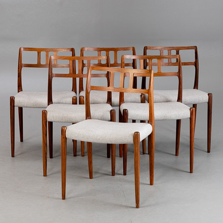 NIELS OTTO MØLLER. J.L. Møllers, stolar, 6 st, modell 79, rosenträ ...