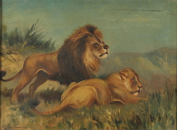 R. HENRY JERMAN FL. CIRCA 1900. LEJON OCH LEJONINNA. Konst - Måleri ...