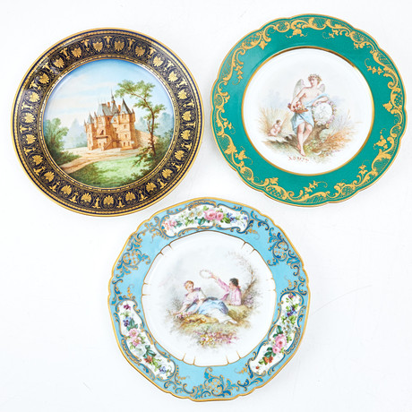 PLATES, 3 pcs, porcelain, Sèvres, France, Louis Philippe, various ...