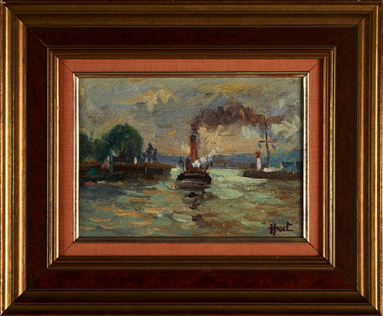 JACQUES HUET. Marine motif from Honfleur, Normandy, oil on canvas ...