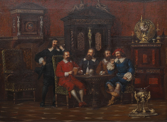 FRITZ FREUND (1859-1942). In the men's room, oil on canvas, signed. Art ...