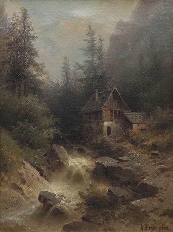 ALBERT RIEGER (1834-1905). Vattenkvarn i alplandskap, olja på duk ...