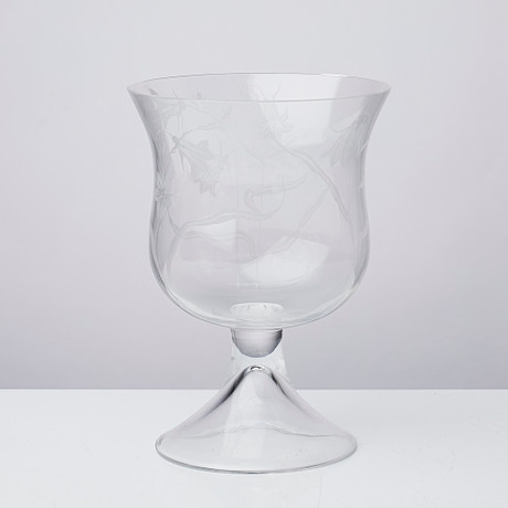 LISA BAUER. bowl on foot, Kosta Boda, signed, sanded floral decor ...