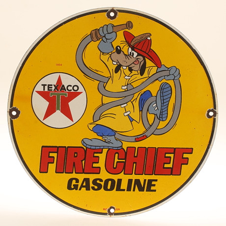 ENAMEL PLATE, "Texaco Fire Chief Gasoline", marked 1954. Miscellaneous ...