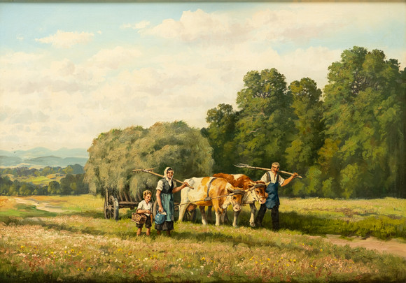 WILLY HANFT (1888-1987). Peasant family after the hay harvest. Art ...