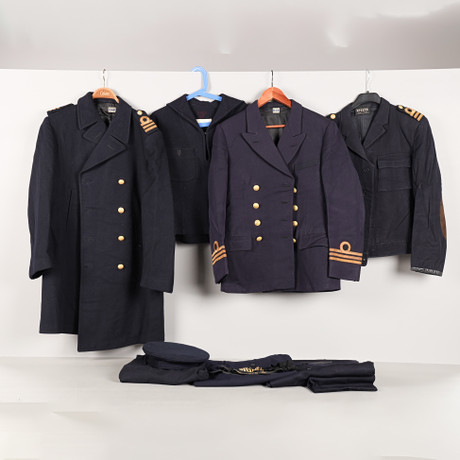 UNIFORMS, 3 pieces and jacket and cap, Swedish Navy. Miscellaneous ...