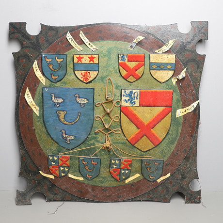 A LARGE WALL PROP MOUNTED WITH PAINTED HERALDIC SHIELDS. Art - Other ...