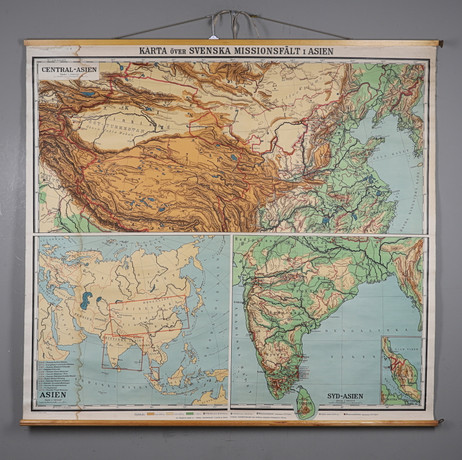WALL MAP, "Map of Swedish mission fields in Asia" first half of the ...