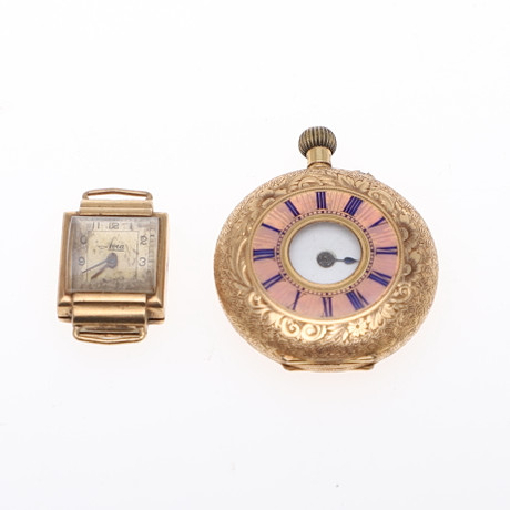 A LADIES 18CT GOLD AND ENAMEL POCKET WATCH AND A 9CT GOLD AVIA/DENNISON ...
