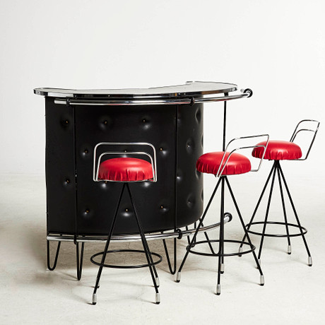 BAR DISK and BARSTOOLS 3 pcs 1950/60s, Leather covered chairs. Black ...
