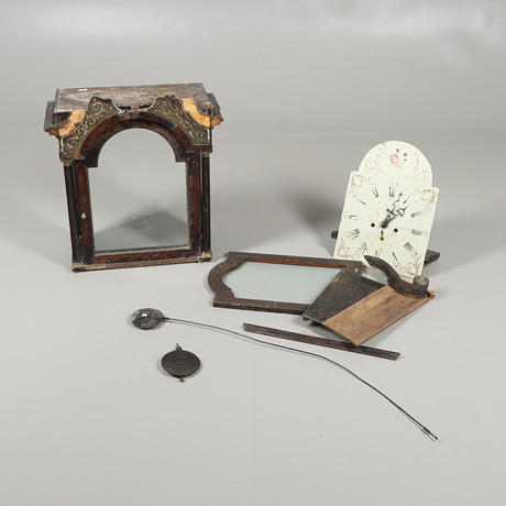 AN OAK LONGCASE CLOCK HOOD, MOVEMENT AND VARIOUS SPARES. Clocks ...
