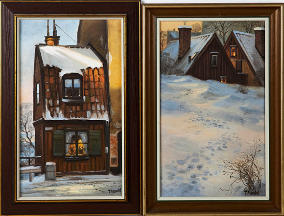 TOMAS MANDEL. 2 pieces, House in a winter landscape, oil on canvas ...