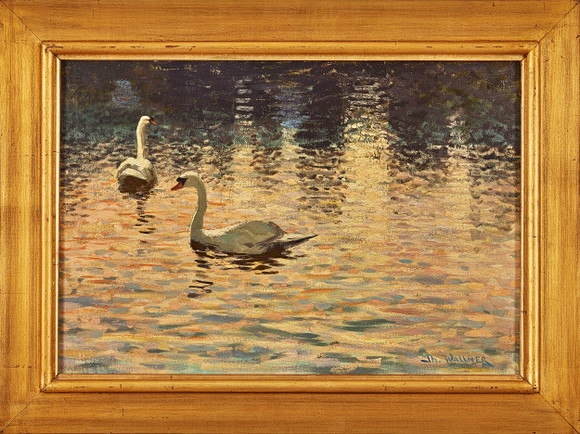 THURE WALLNER. Svanar i glittrande vatten, olja på duk, 38 x 55 cm ...