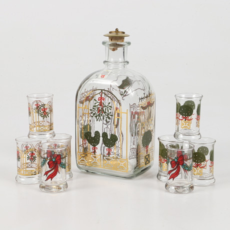 KARAFF SAMT SNAPSGLAS, 9 delar, dekormålat glas, Holmegaard. Glas ...