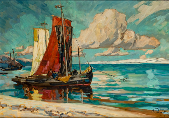 HERMANN PREDIGER (1886-1970). Fishing boats off the coast. Art ...
