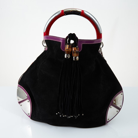 GUCCI, "Indy", hobo bag, black mocca, details in silver, red and purple ...