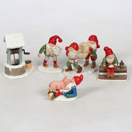 TOMTAR, 5 st, figuriner, porslin, Lars Carlsson, Fyrklövern, 19/2000 ...