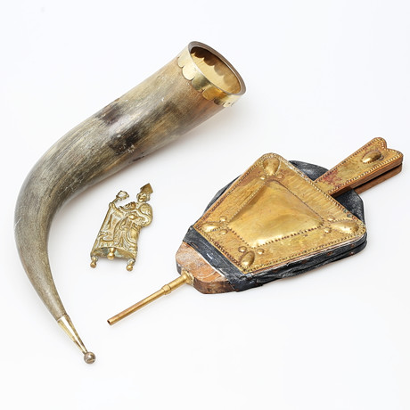 BELLOWS, DRINKING HORN AND FIGURE, brass and bone, 19th century ...