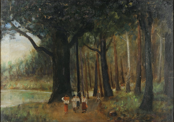 Unknown artist, oil on canvas, forest landscape with walking figures ...
