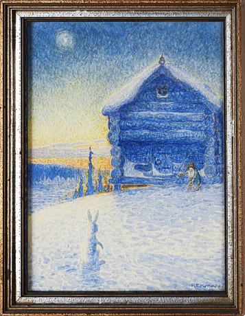RICHARD EKMAN (1874-1954). Vinterlandskap i solnedgång med tomte ...