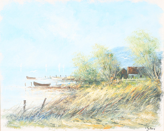 CARL JULIUS. Coastal scene with boats, oil on canvas, signed C. Julius ...