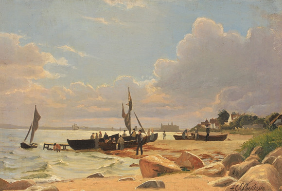 ANDREAS CHRISTIAN RIIS-CARSTENSEN. Beach with boats, oil on canvas ...