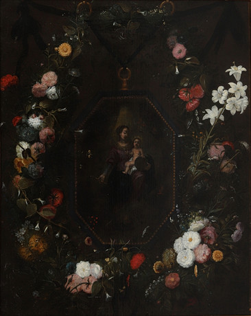 ANDRÉ BOSMANS (BELGIEN, 1621-1681). Madonna i blomsterkrans, olja på ...