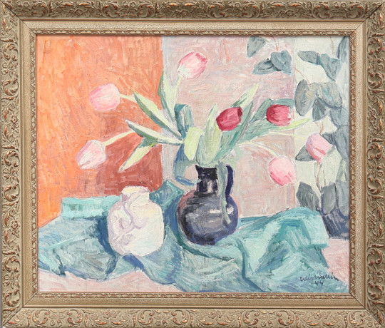 ELLIS WALLIN. "Still life with black and white pot". Oil on Board ...