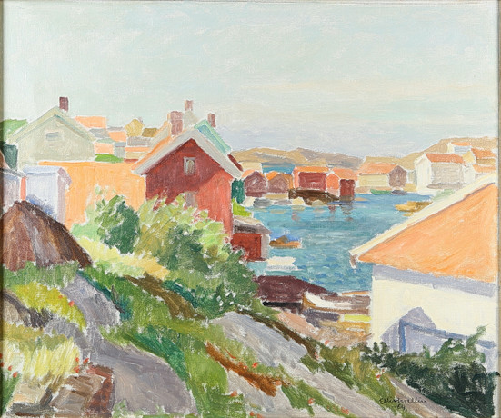 ELLIS WALLIN. olja på duk, "Solbelyst vägg". Signerad och daterad -64 ...