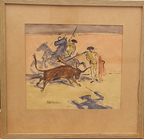 ERIK LARSEN. Akvarell, Tjurfäktning, signerad. Konst - Måleri - Auctionet