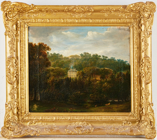OIDENTIFIERAD KONSTNÄR (1800-TAL). Landscape with mansion building, oil ...