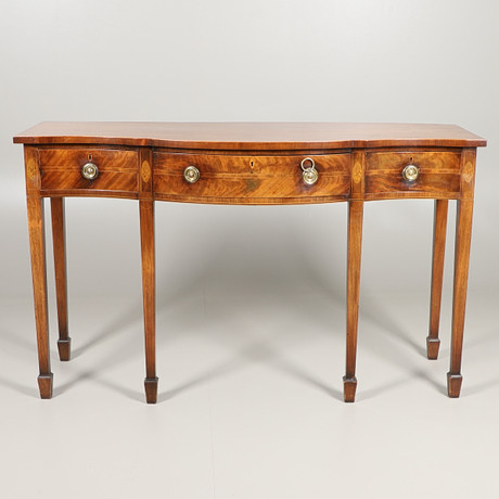 A SHERATON STYLE INLAID MAHOGANY SHAPED FRONT SERVING TABLE. Furniture ...