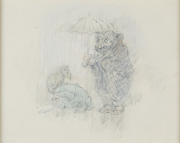 ROBERT HÖGFELDT. teckning, regnig dag med groda, signerad. Konst ...