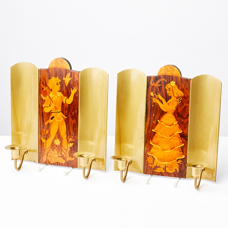 MJÖLBY INTARSIA, wall sconces, 1 pair, for 2 candles each, decoration ...