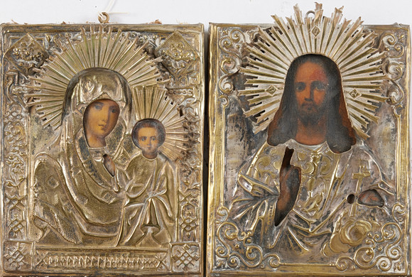 IKONER, två stycken, med risor, spår efter försilvring, olja på ...