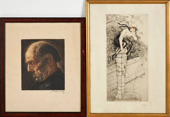 MAX BRÜNING. Portræt, 2 stk, af en mand i profil inkluderer en radering ...