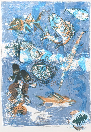 COLOR LITHOGRAPHY, fishes. Various artists from Kalmar county. Signed ...