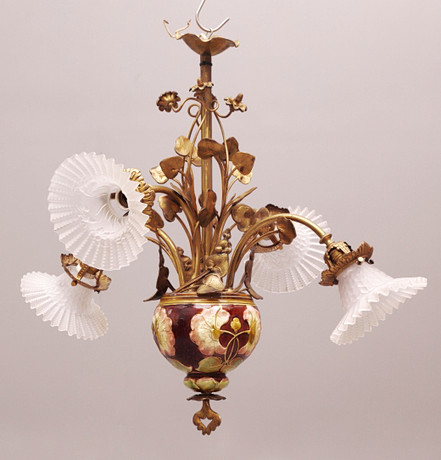 MODERNIST CEILING LAMP WITH GLAZED SHADES AND DETAIL OF GOLDEN METAL ...