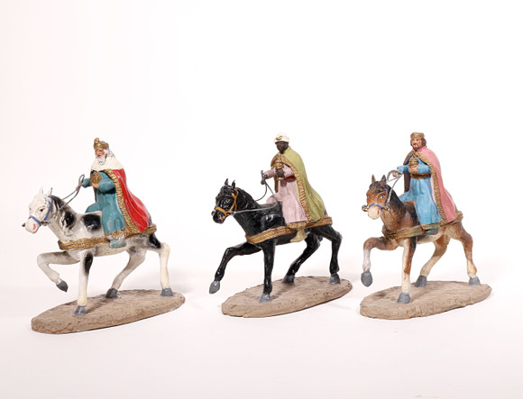 THREE WIZARD KINGS ON HORSE. IN POLYCHROMED TERRACOTTA. Art ...