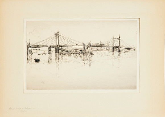 AXEL FRIDELL. "Albert Bridge and Cadogan Pier 1927", etsning, torrnål ...