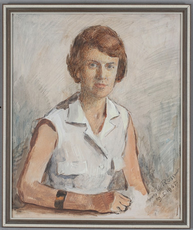 GEORG WALTER RÖSSNER. Porträtt av ung kvinna, blandteknik på pannå ...