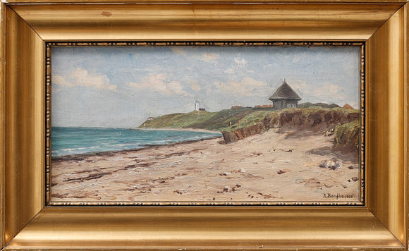 LOUISE BONFILS. Strandbild med fyr, olja på duk, signerad och daterad ...