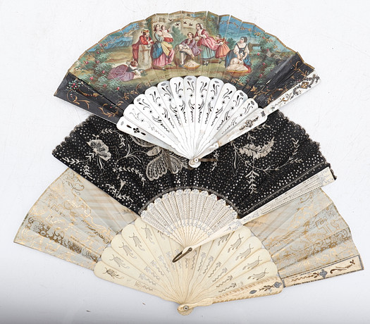 Three French fans with paper and cloth leaves. Vintage Clothing ...