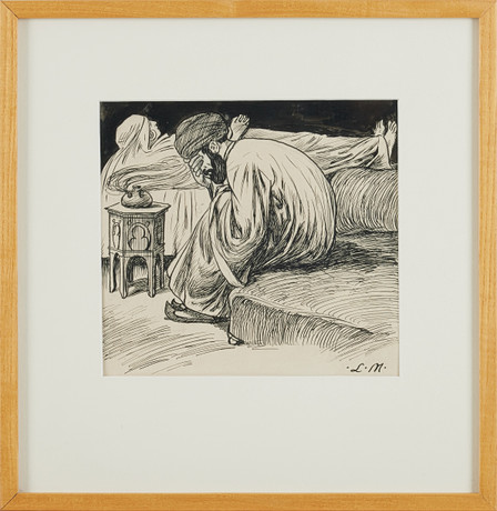 LOUIS MOE (1857-1945). Interior with bedridden person, ink, monogram ...