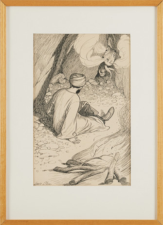 LOUIS MOE ( 1857-1945). Illustration till saga, man och drake, tusch ...