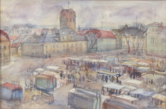 INGEGERD BESKOW. Växjö torg, akvarell, signerad. Konst - Måleri - Auctionet
