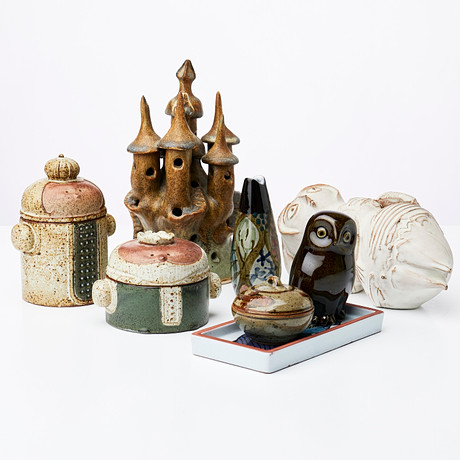KERAMIK, 8 delar, fat, Stig Lindberg, fajans, burkar med lock, Uctci ...