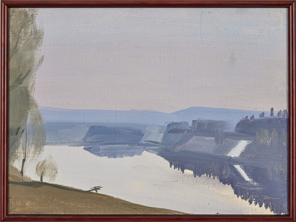 VERA FRISÉN. Fjällsjö i violett ljus, olja på duk, 26,5 x 36 cm. Konst ...